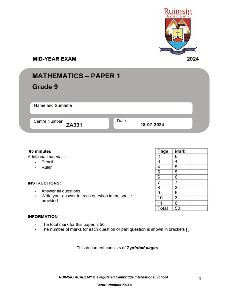 P1 - Math Grade 9 Term 2 | PDF