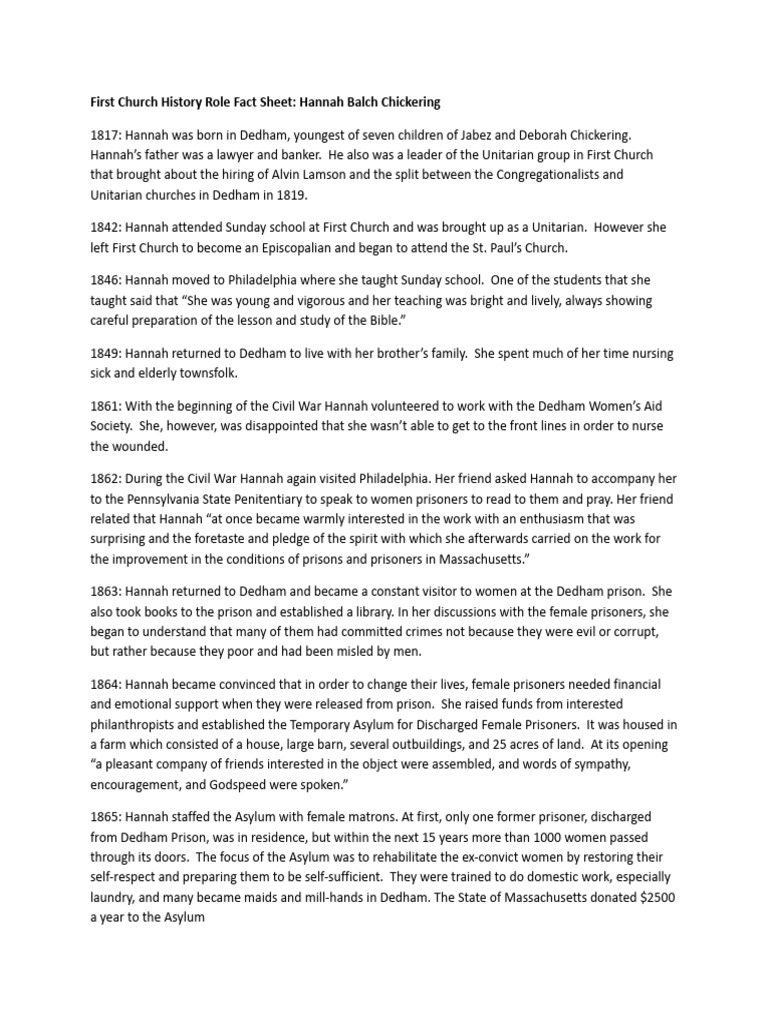 FC History Fact Sheet Hannah Balch Chickering | PDF