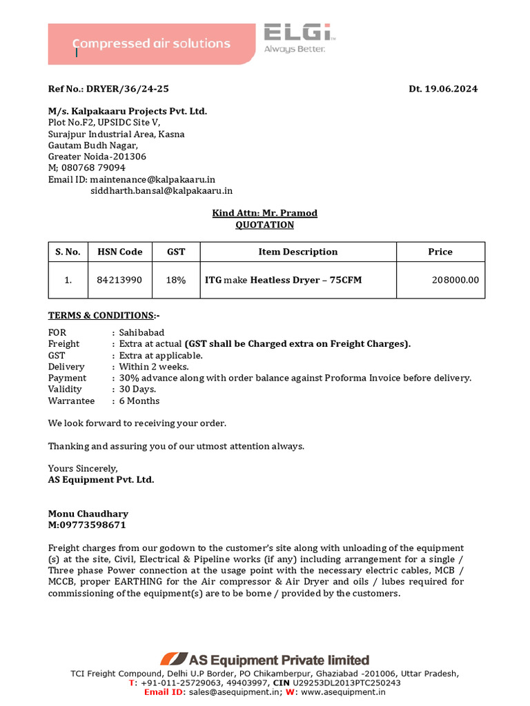 Kalpakaaru Projects - ITG Make Heatless Dryer 75cfm | PDF