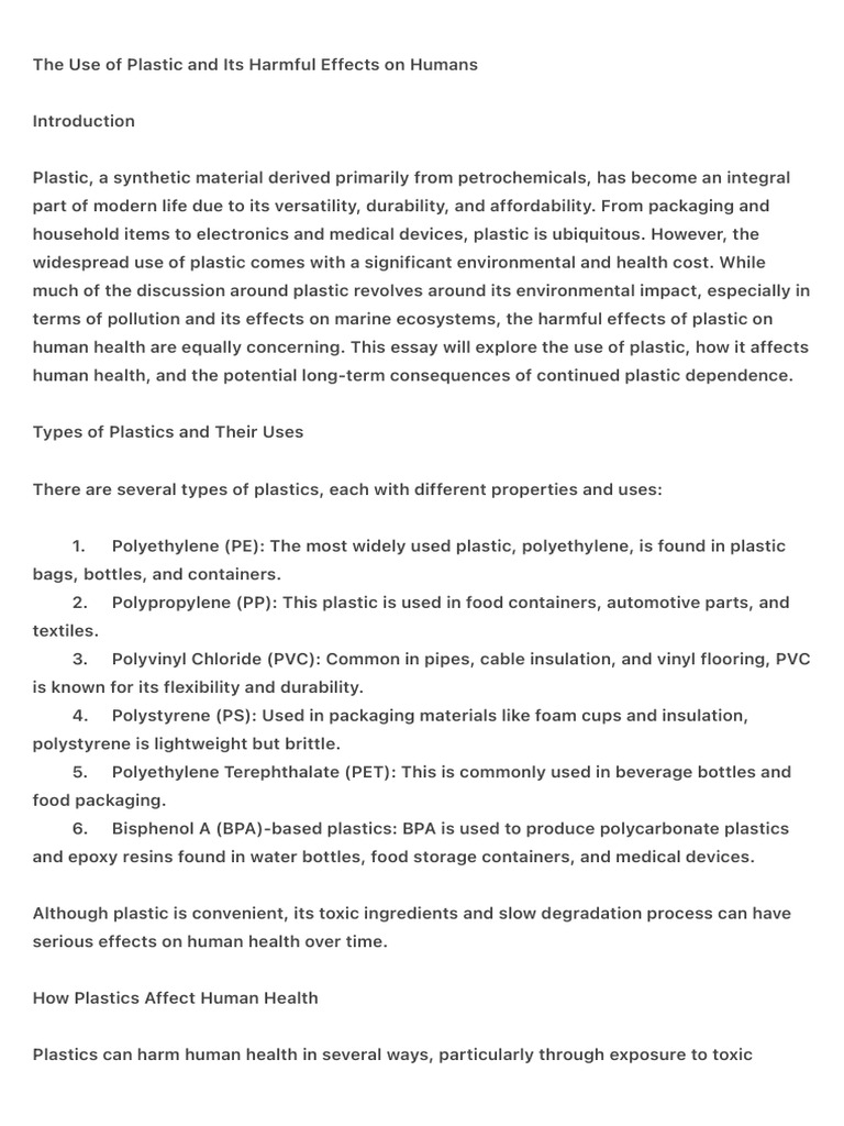 The Use of Plastic and Its Harmful Effects On Humans | PDF