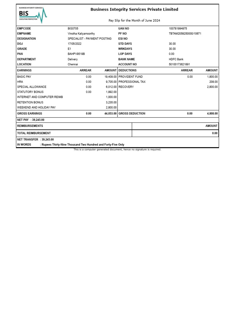 Payslip - June 2024 | PDF