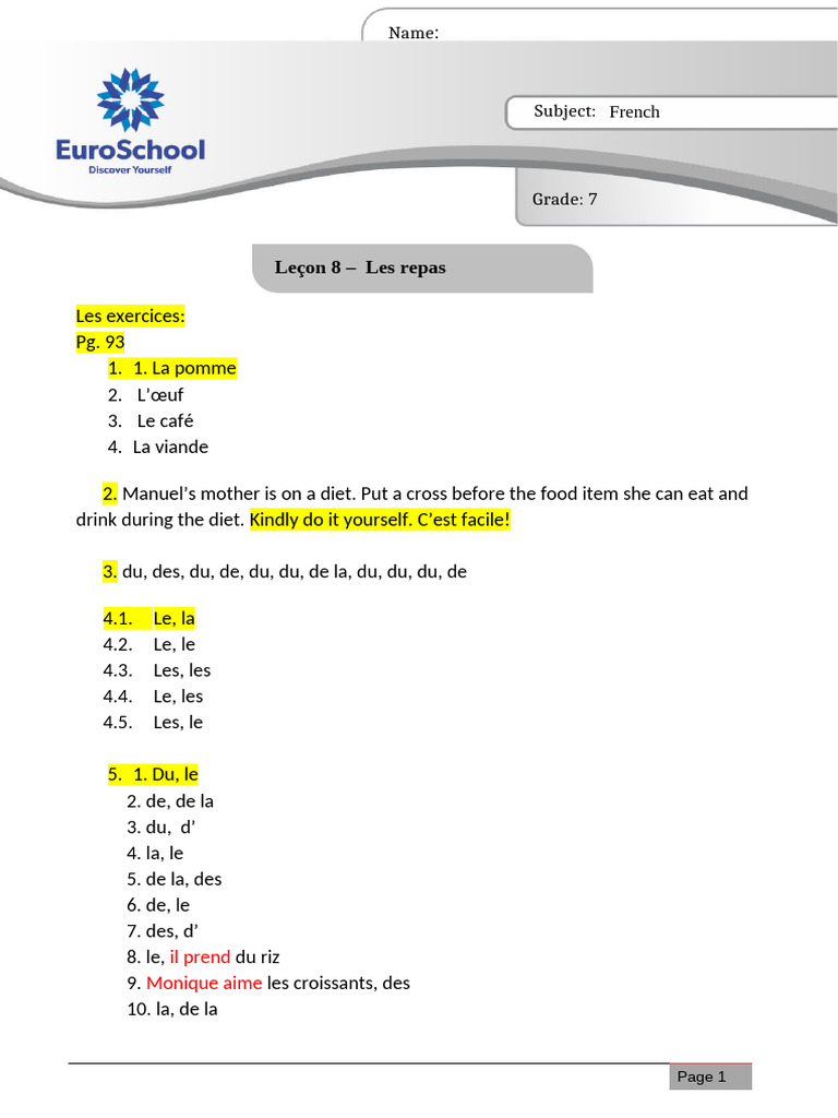 French - Grade 7 - Les Repas Notes | PDF