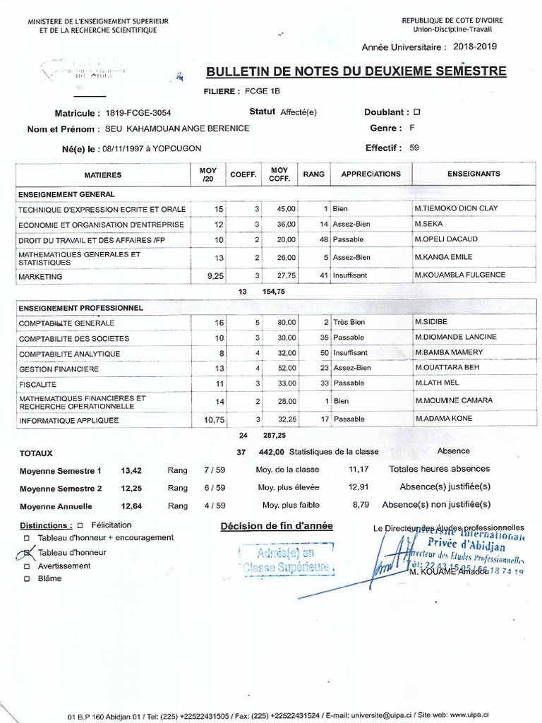 Bulletin 2e Semestre | PDF
