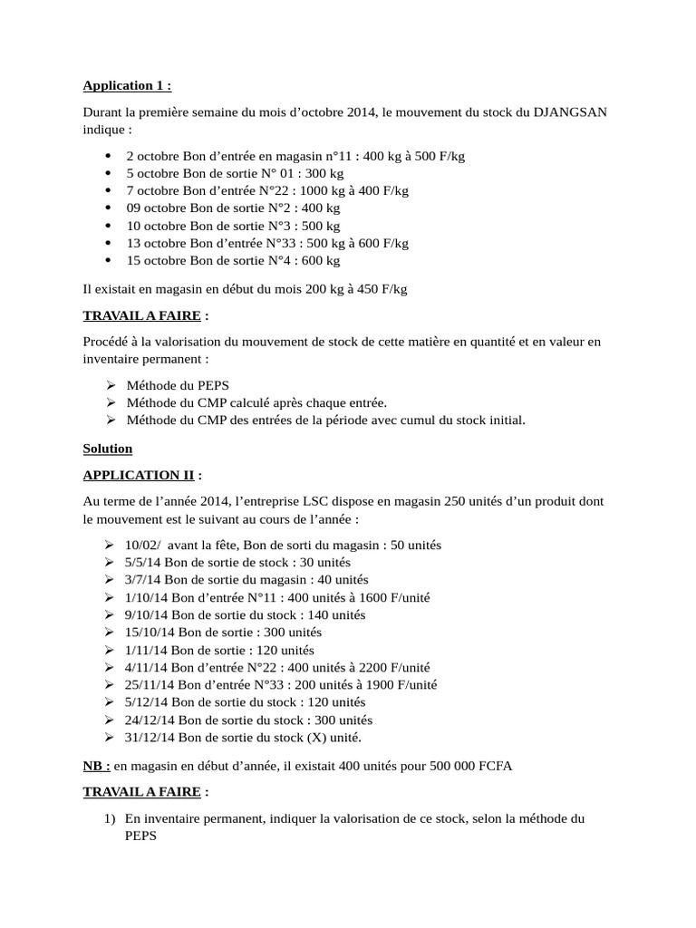 Exercices Sur La Gestion Comptable. Des. Stocks Et L'inventaire | PDF