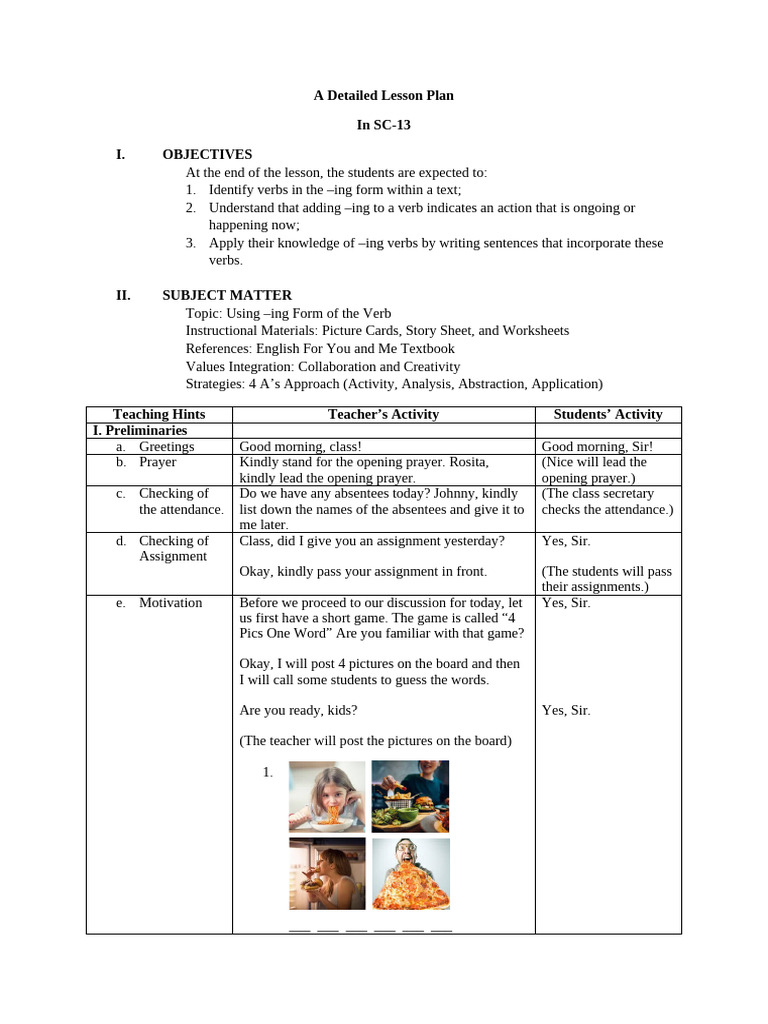 Ing Form of The Verb Lesson Plan 4as | PDF | Lesson Plan | Career & Growth