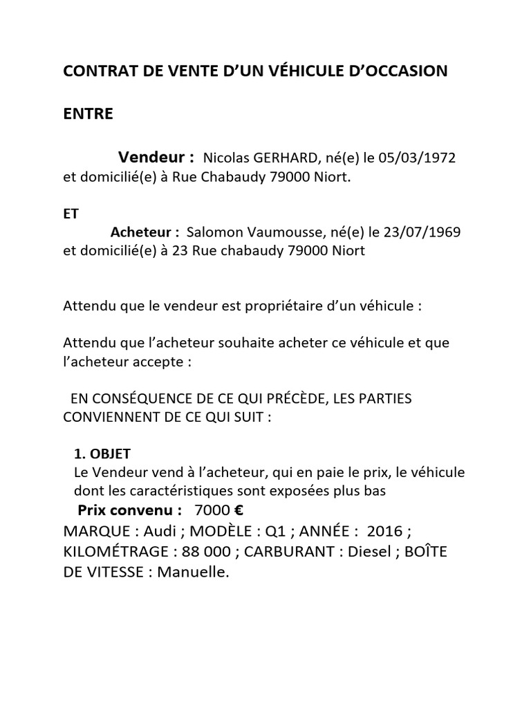 Contrat de Vente D'un Vehicule | PDF