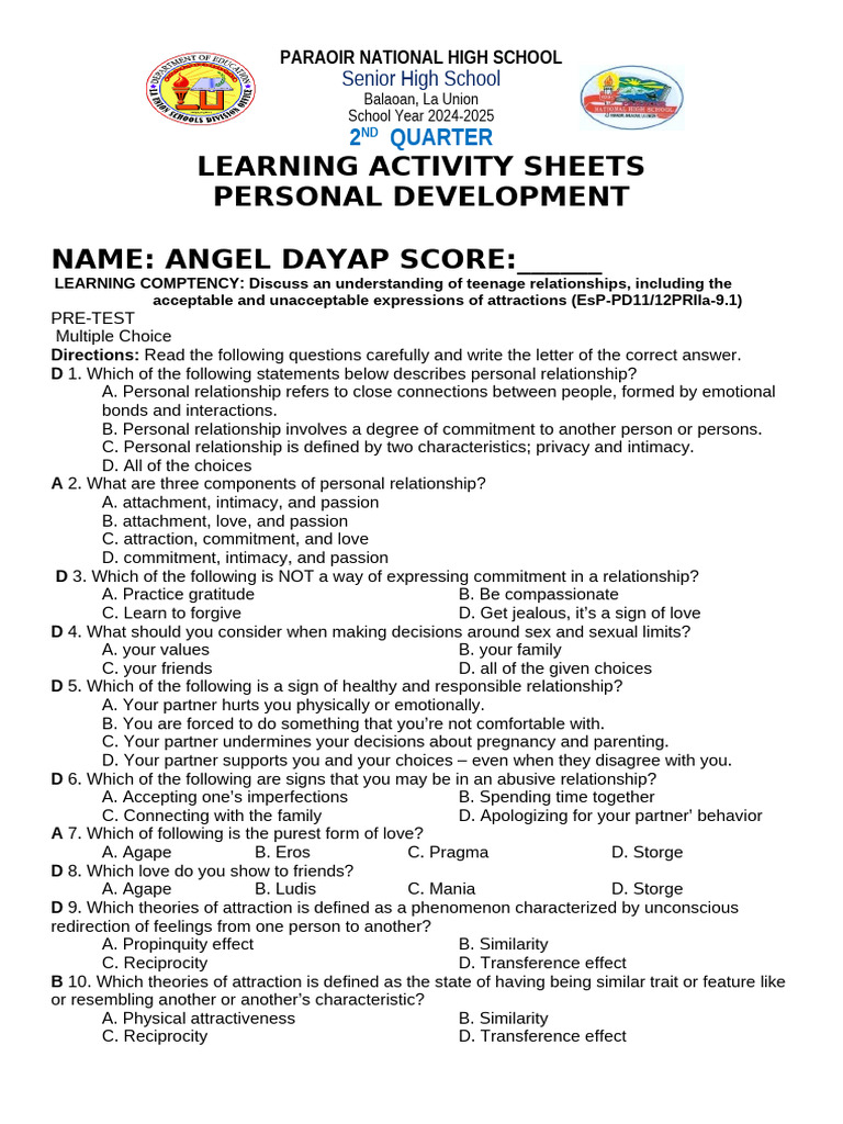 Learning Activity Sheets in PERSONAL DEVELOPMENT | PDF | Intimate ...