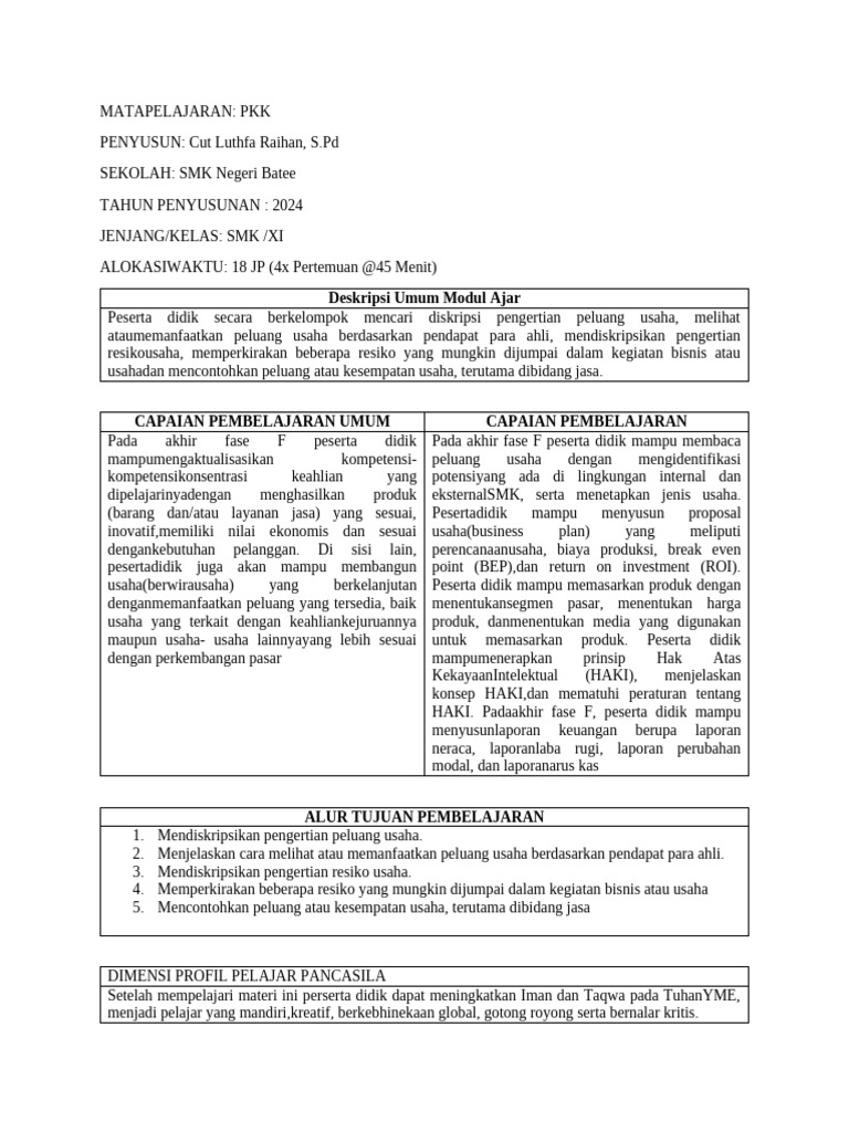 Modul Ajar Xi PKK | PDF