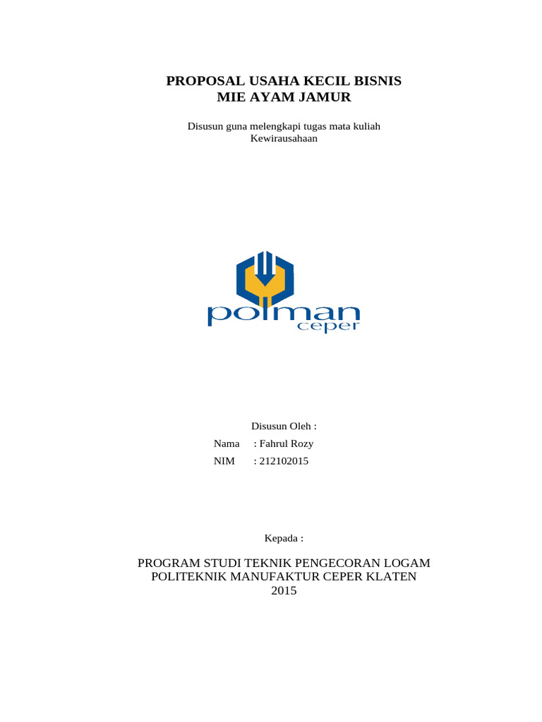 Proposal Kwu Mie Ayam Jamur | PDF