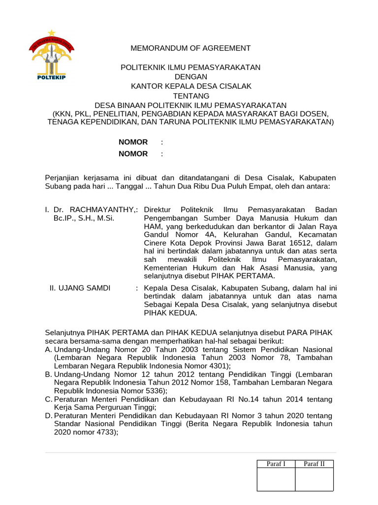 Draf MOU POLTEKIP dan Desa Cisalak Kab Subang | PDF