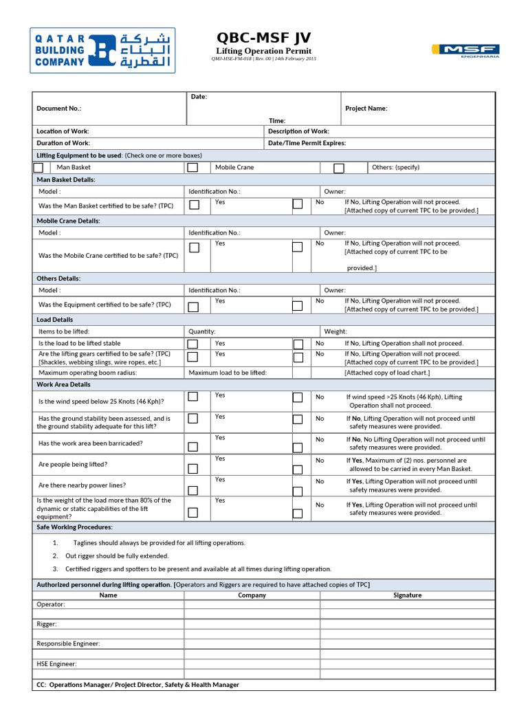 QMJ-HSE-FM-018 Lifting Operation Permit | PDF