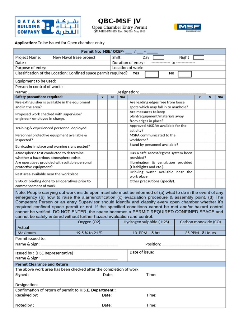 QMJ-HSE-FM-135 Open Chamber Entry Permit | PDF