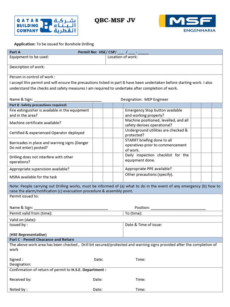 QMJ-HSE-FM-132 Earth Pit Drilling Permit | PDF