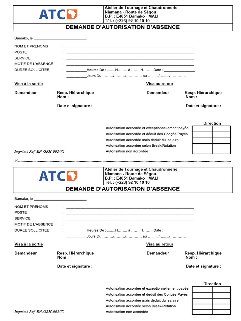 EN-GRH-002 Demande D'autorisation D'absence | PDF