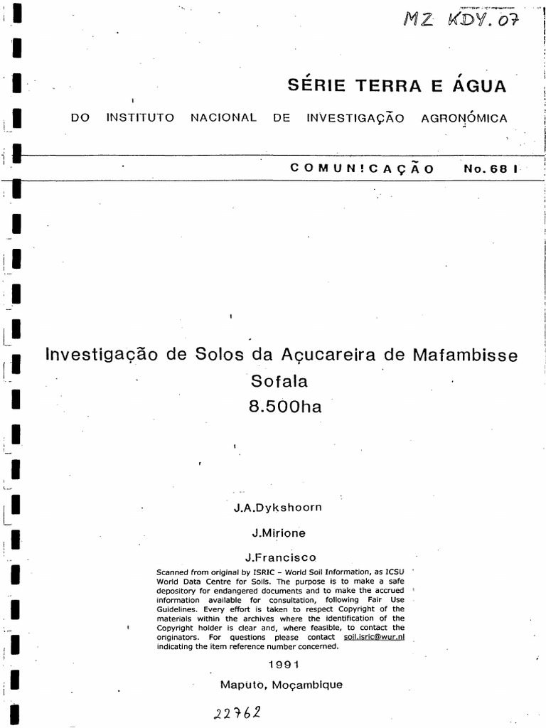 Investigaçao de 15. Solos Da Açucareira de Mafambisse-Wageningen ...