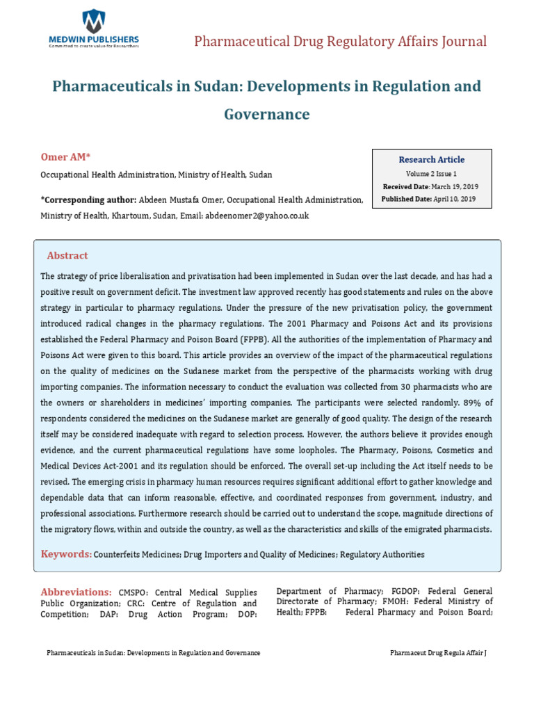 2019 Pharmaceuticals in Sudan Developments in Regulation and Governance ...