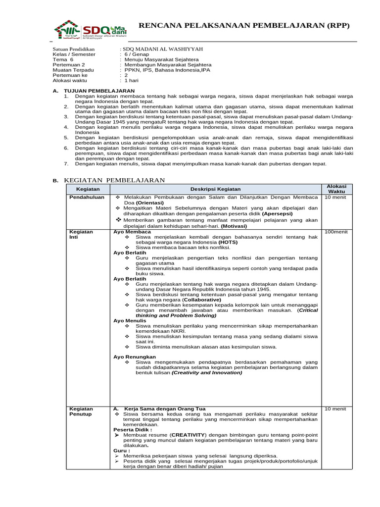 RPP Kelas 6 Tema 6-2 | PDF
