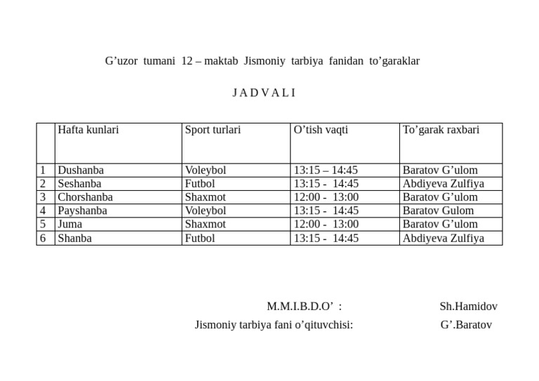 tugarak jadval | PDF