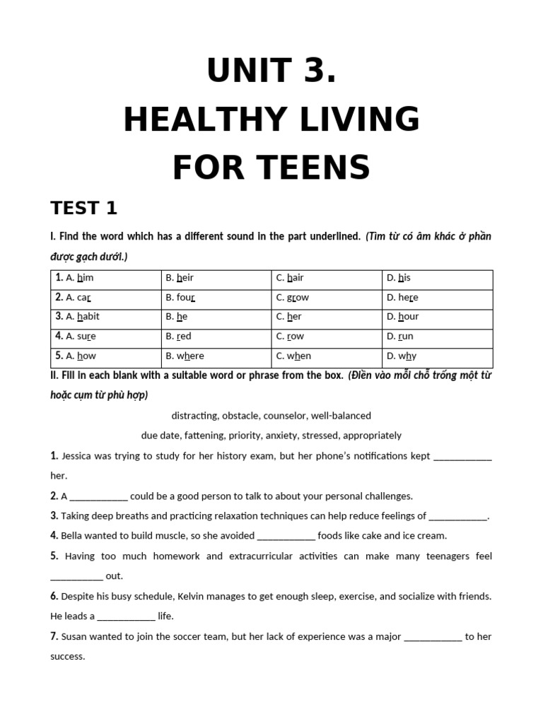 Đề Kiểm Tra Global Success 9 (Nguyễn Hoàng Thanh Ly) Unit 3. Healthy ...