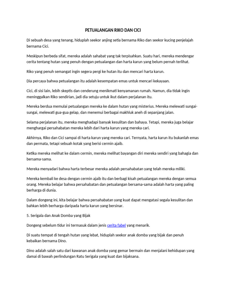 Petualangan Riko Dan Cici: Cerita Fabel | PDF