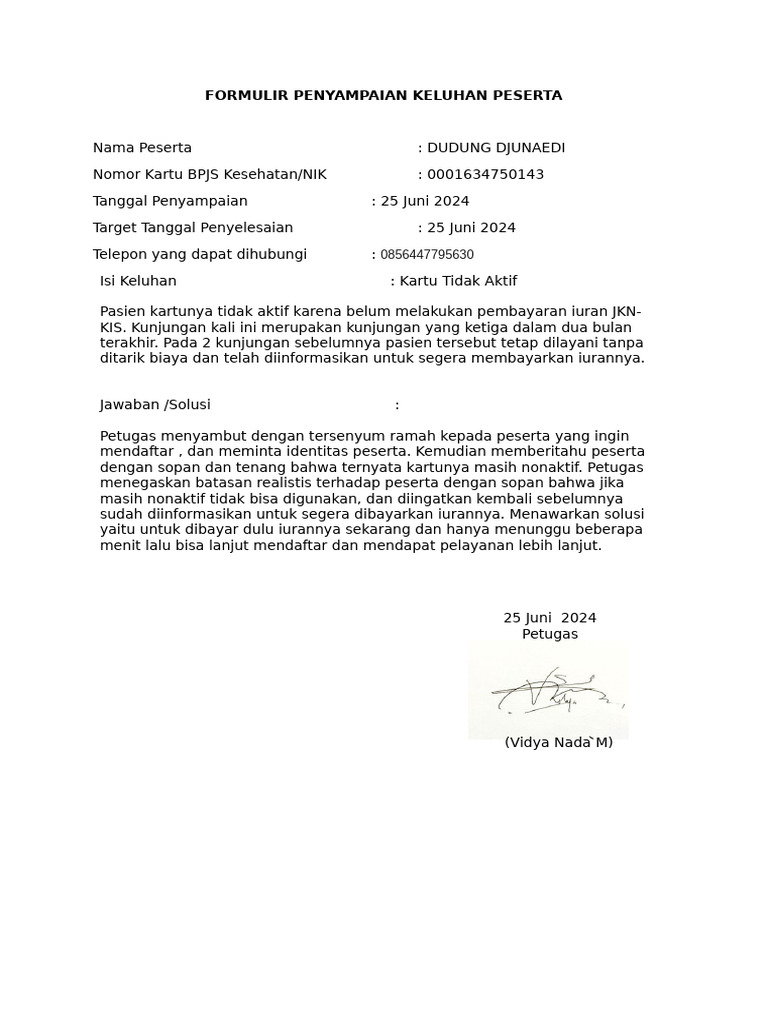 Formulir Penyampaian Keluhan Peserta | PDF