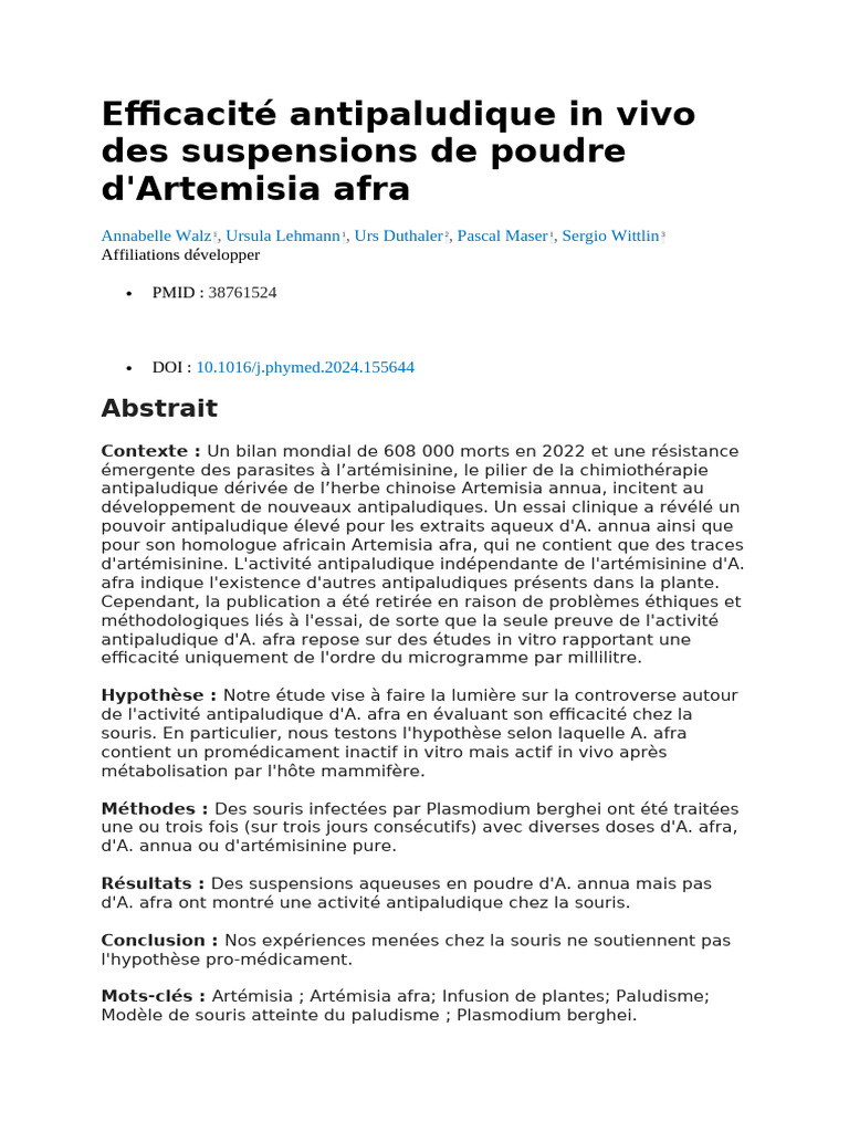 Efficacité Antipaludique in Vivo Des Suspensions de Poudre D | PDF