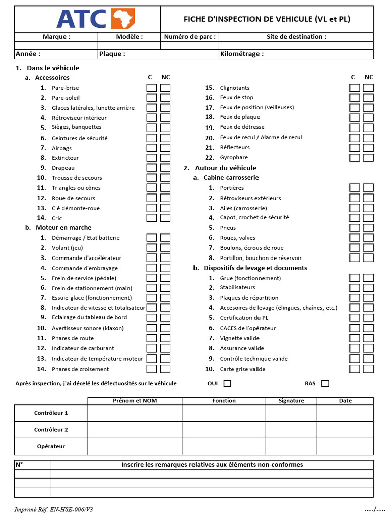 EN-HSE-006 Fiche D'inspection de Véhicule (VL Et PL) | PDF