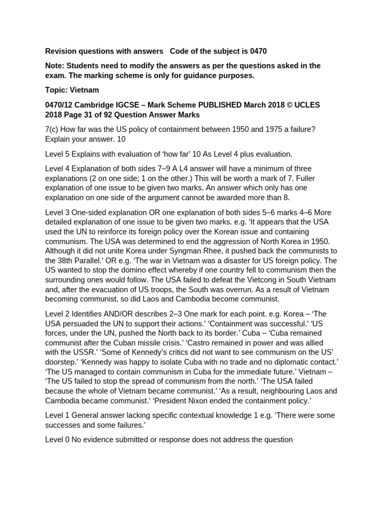 QP & MS Vietnam Resources Year 10 Hist | PDF