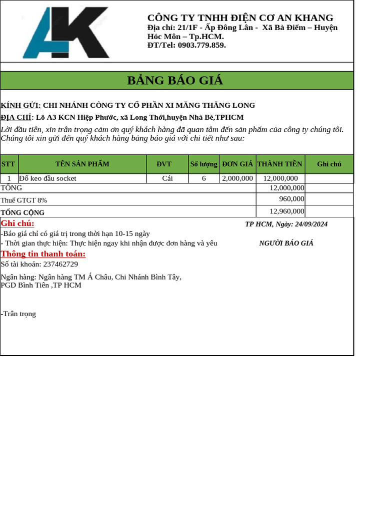 Bảng Báo Giá: Công Ty Tnhh Điện Cơ An Khang | PDF