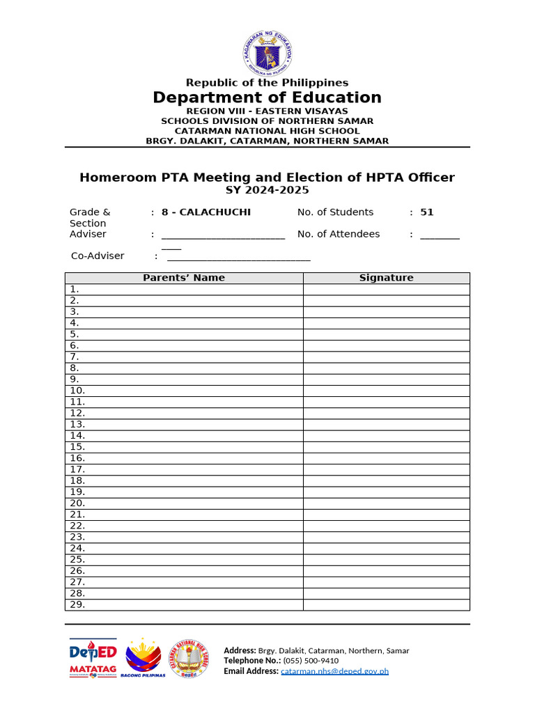 Attendance Sheet HPTA Meeting and Election of HRPTA Officers | PDF