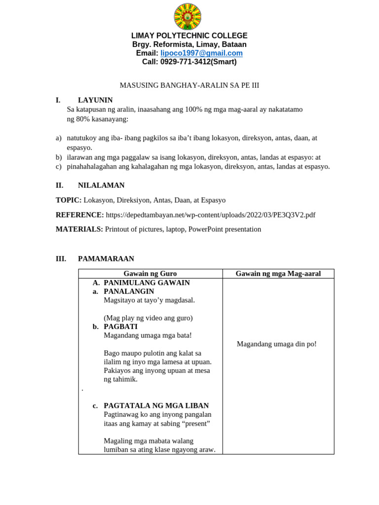 DETAILED LESSON PLAN IN PE III | PDF