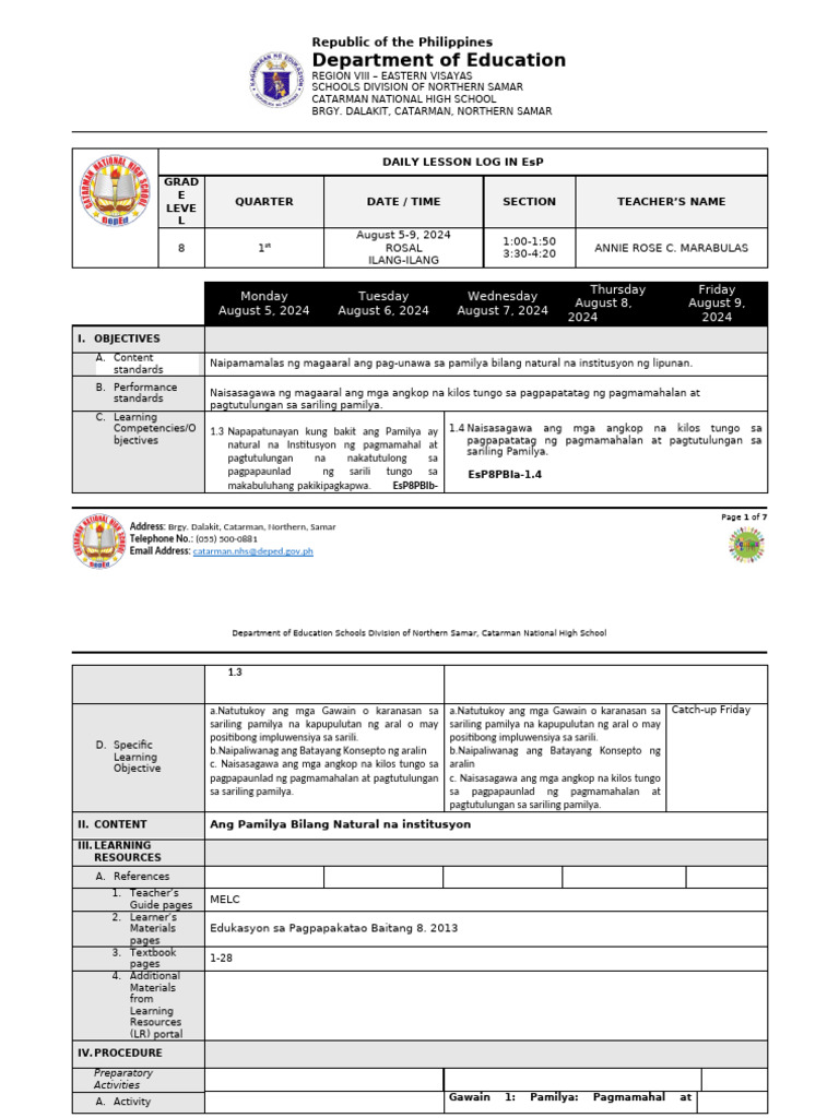 DLL EsP 8 Q1 W2 | PDF