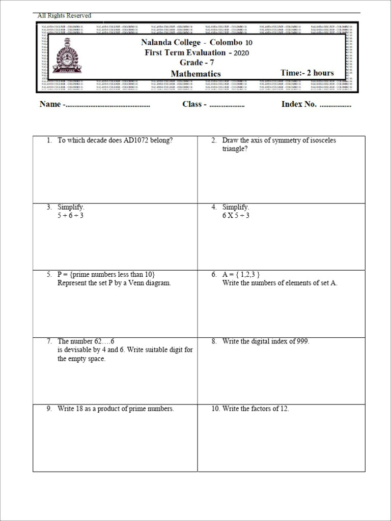 2020 Grade 07 Maths First Term Paper English Medium Nalanda College | PDF