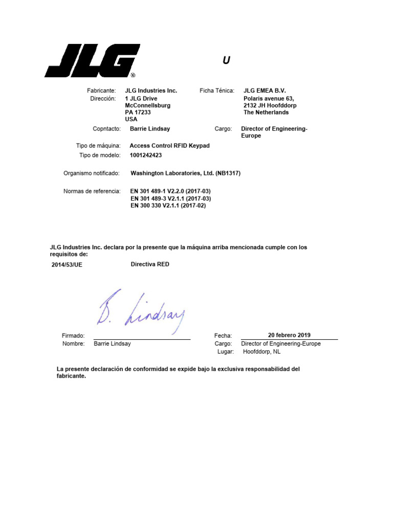 3122418134_A_Access Control_JLG_Declaration of Conformity_Spanish | PDF