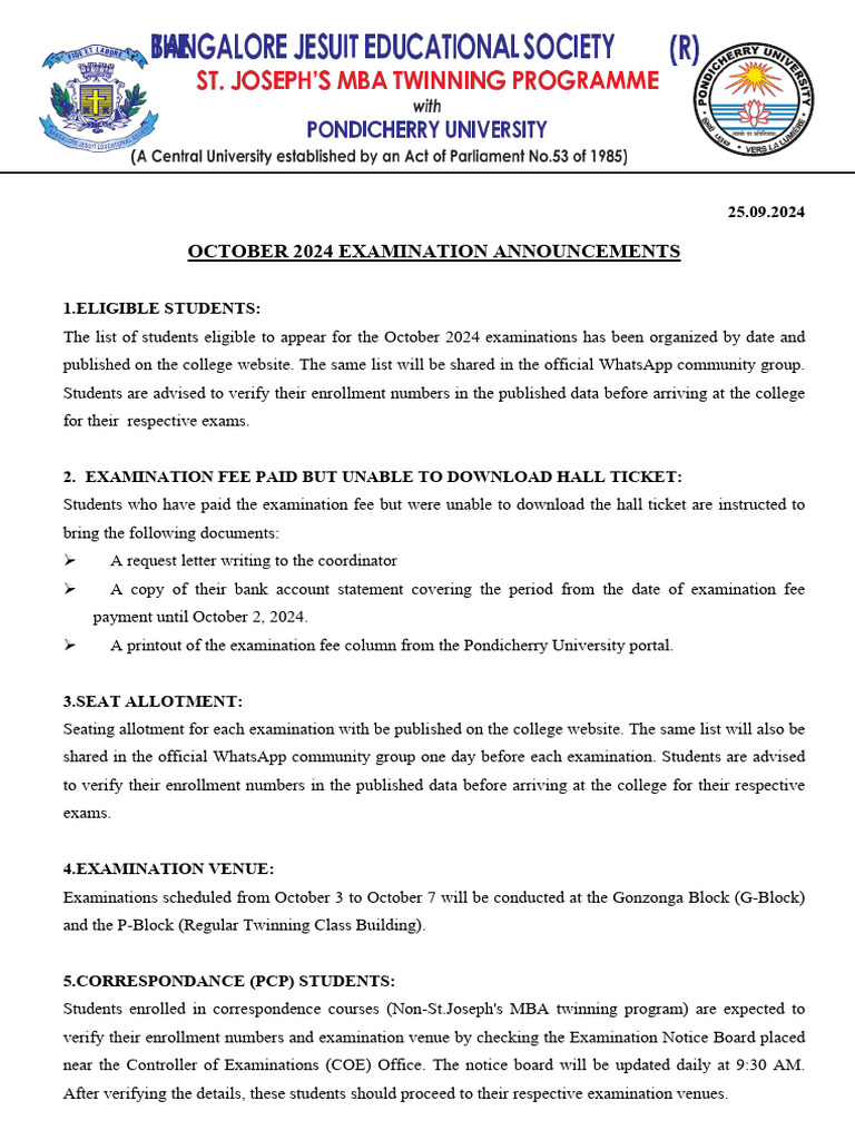 October 2024 Examination Announcements | PDF