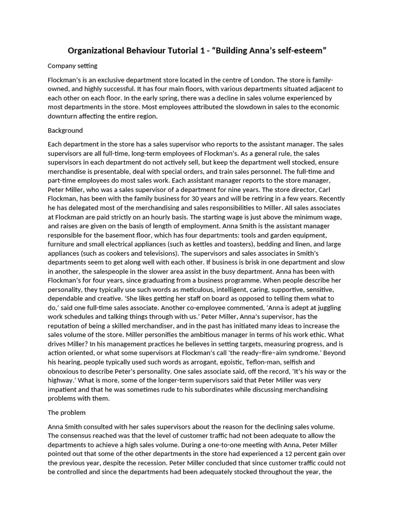 Organizational Behaviour Tutorial 1 - "Building Anna's Self | PDF
