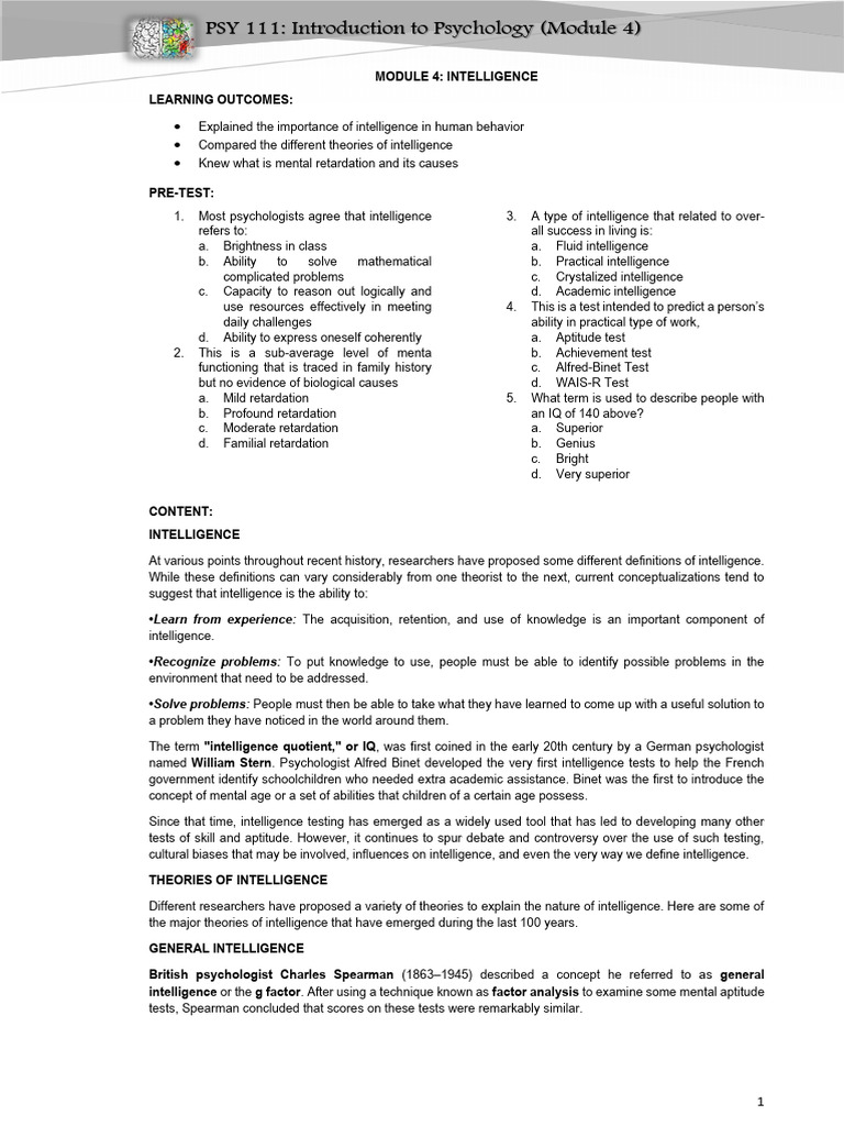 Psy 111 Module 4 Intelligence | PDF