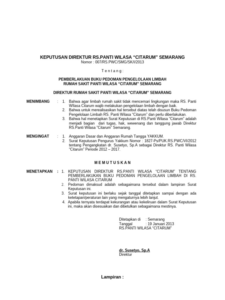 SK Pemberlakuan Pedoman Pengelolaan Limbah RS | PDF