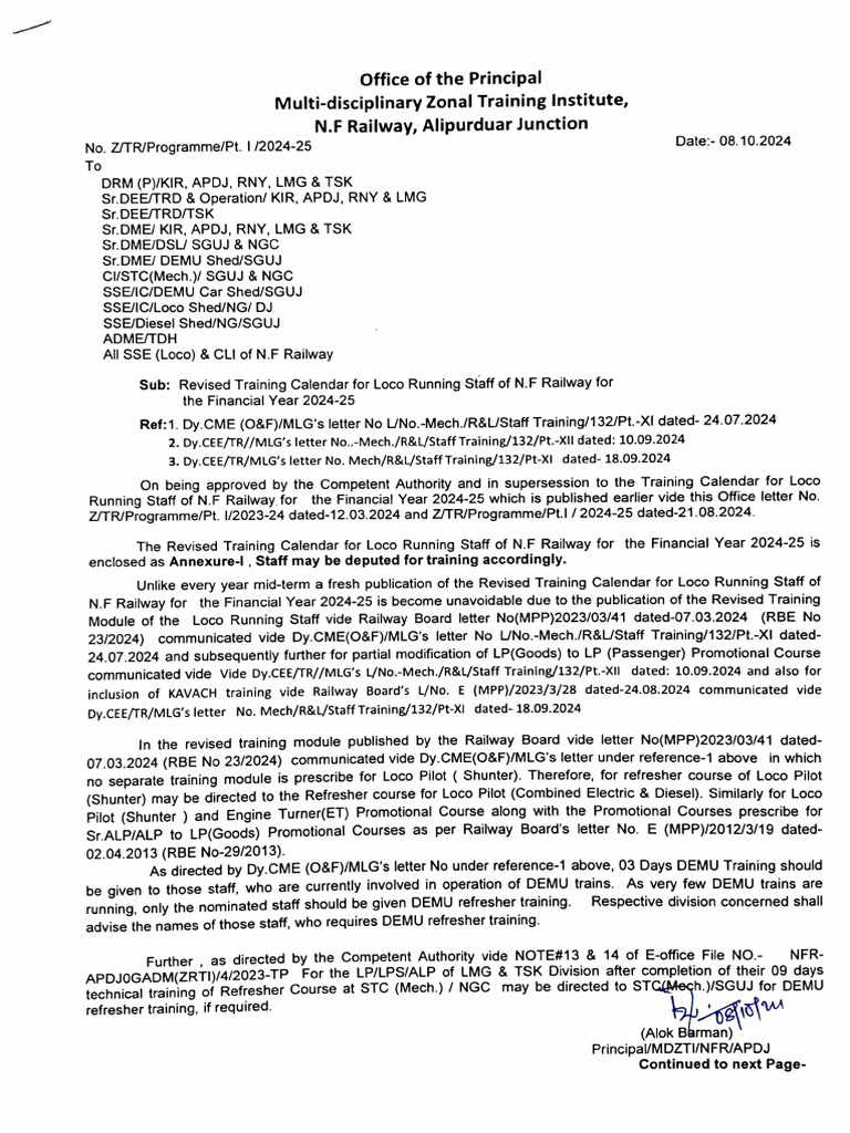 Revised Loco Training Calander 8TH October 2024 | PDF