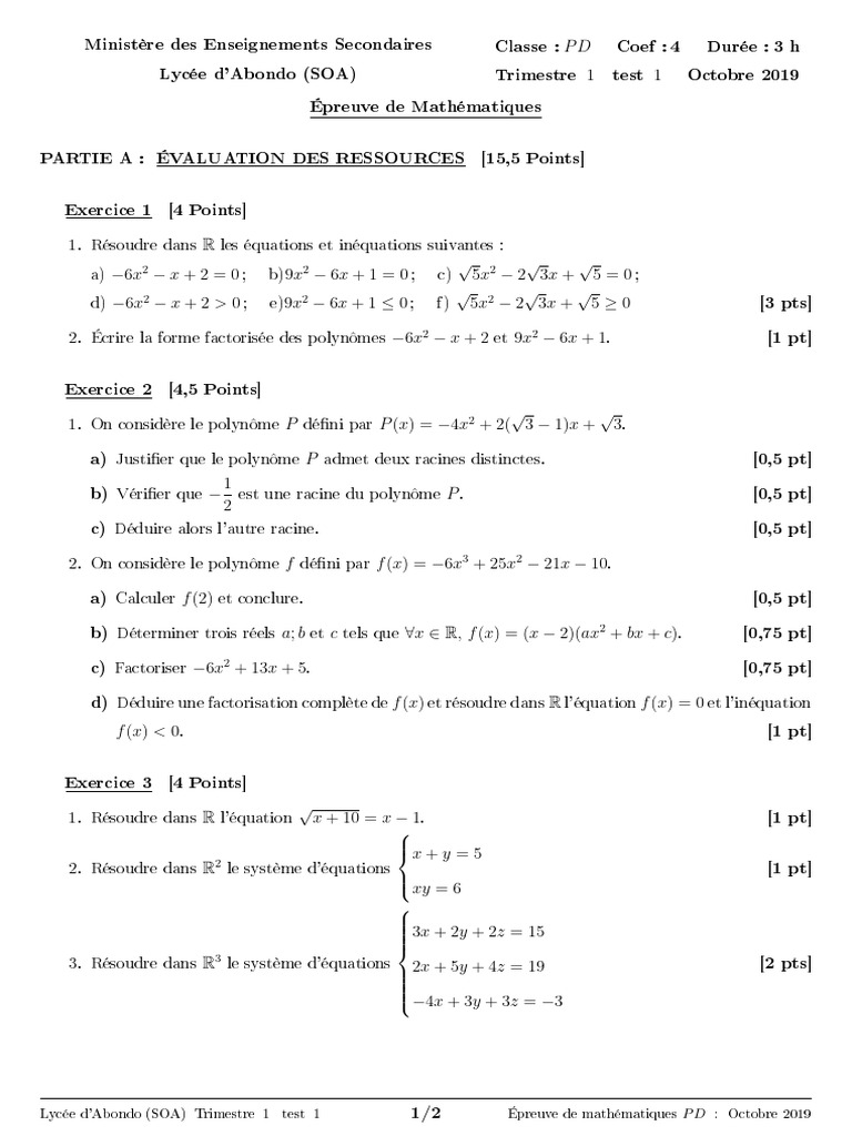 Lycée D'abondo (SOA) Trimestre Test Épreuve de Mathématiques: Octobre ...