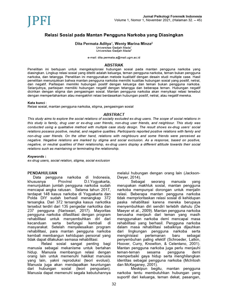 Relasi Sosial Pada Mantan Pengguna Narkoba Yang Diasingkan: Dita Permata Aditya, Wenty Marina ...