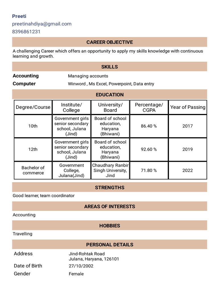 Resume Preeti Format7 1 Pdf