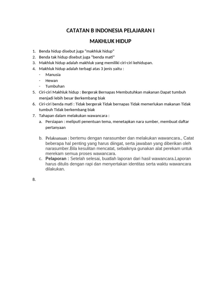 Catatan B Indonesia Pelajaran I | PDF