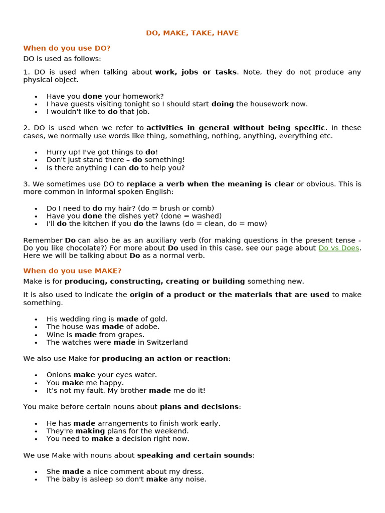 DO, Make, Have, Take Uses | PDF | Grammar | Languages