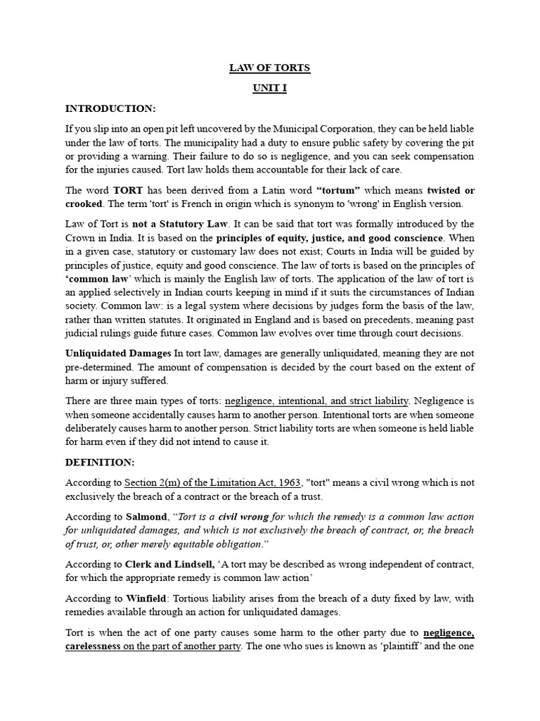 Unit 1. Law of Torts | PDF