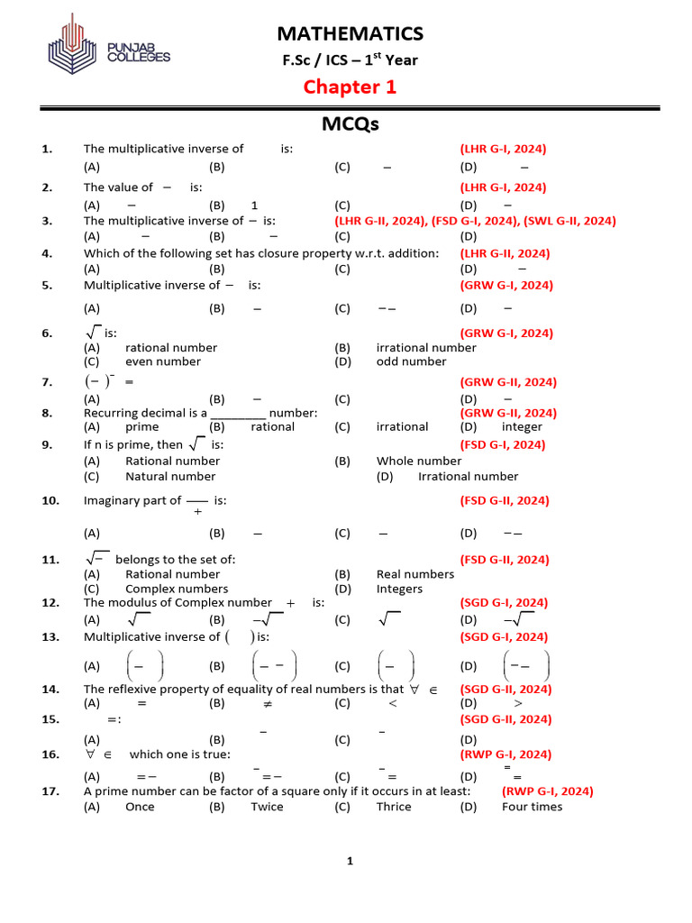 Math MCQS Part 1-Chaps. (1-5, 9-13) | PDF | Numbers | Teaching Methods & Materials