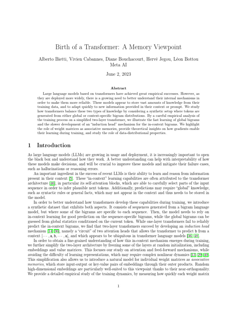 Birth of A Transformer A Memory Viewpoint | PDF