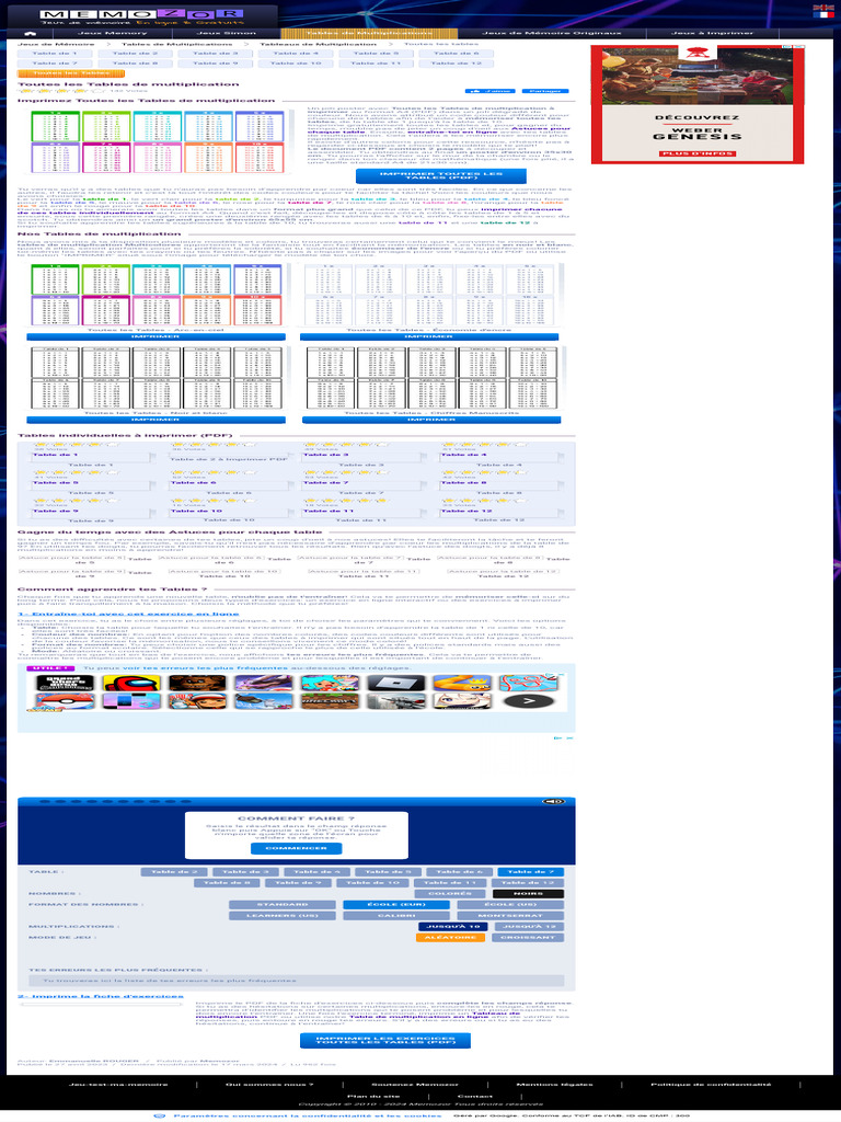 Toutes Les Tables de Multiplication À Imprimer (Plusieurs Coloris ...