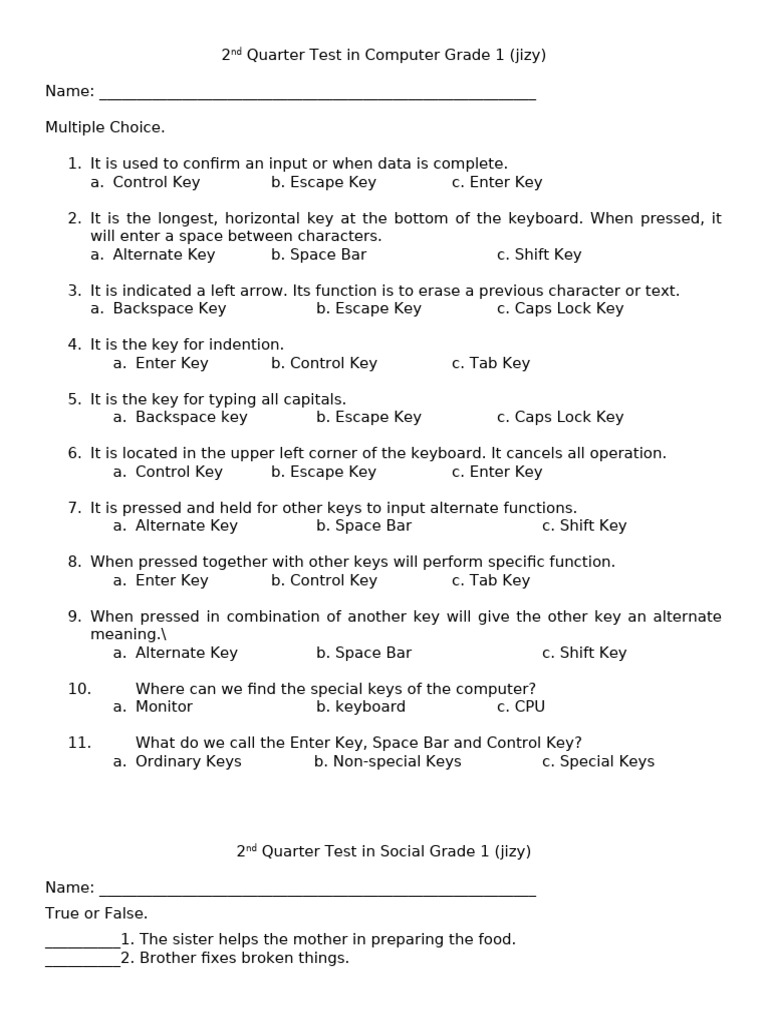 2nd Quarter Test Grade 1 | PDF