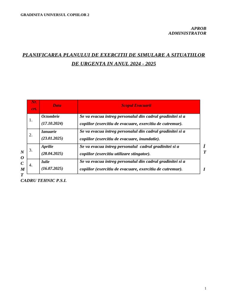 Planificare Exercitiu de Evacuare 2024 | PDF